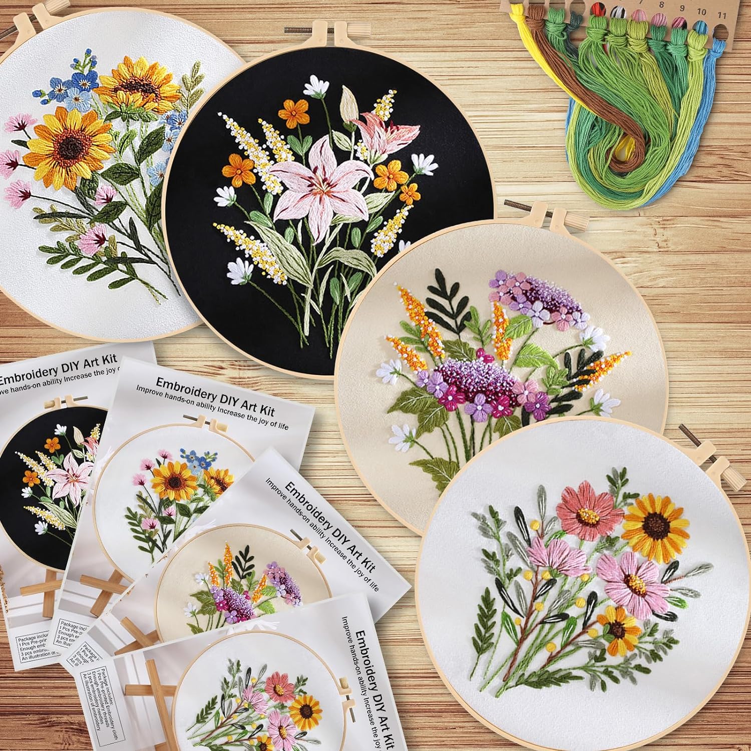 Kit broderie, modele florale, 4 seturi, 20 cm, Multicolor - eMAG.ro